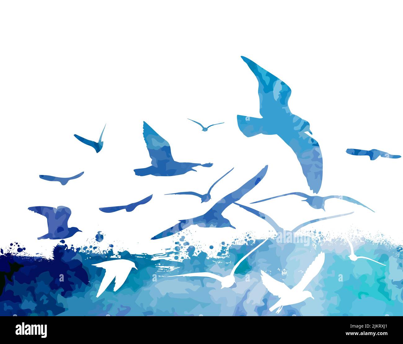 Flying blue watercolor seagulls. Vector illustration Stock Vector Image ...