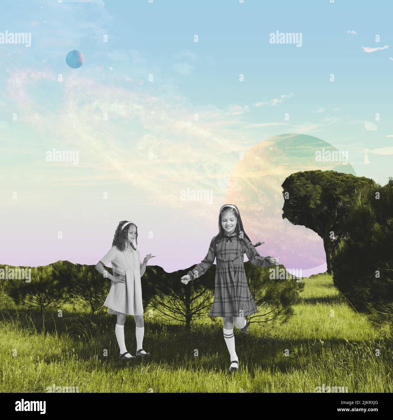 Contemporary collage. Surreal art design with happy children, kids ...