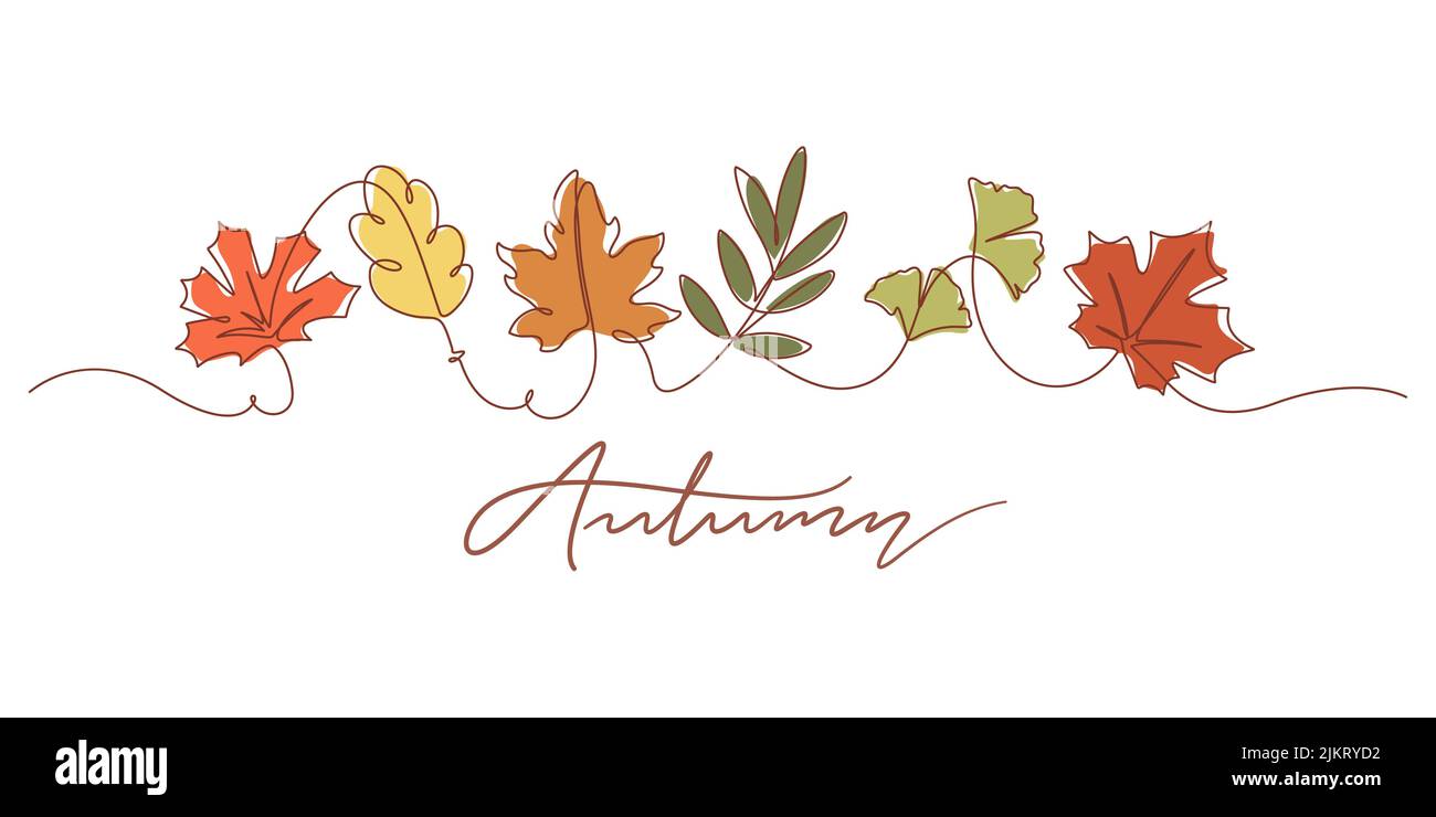 One line drawing of autumn leaf. Autumn script font and leaves isolated ...
