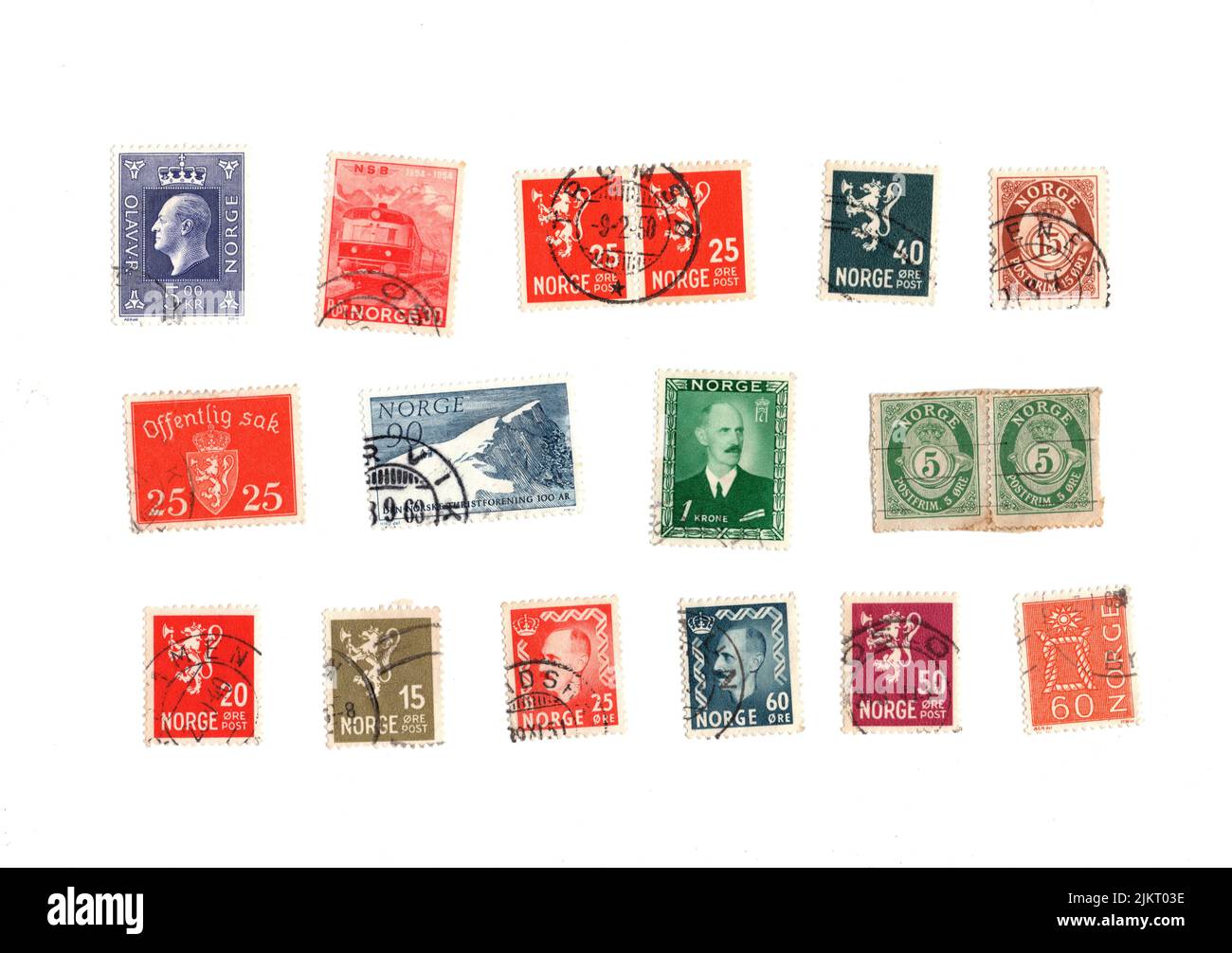 A selection of old postage stamps from Norway on a white background ...