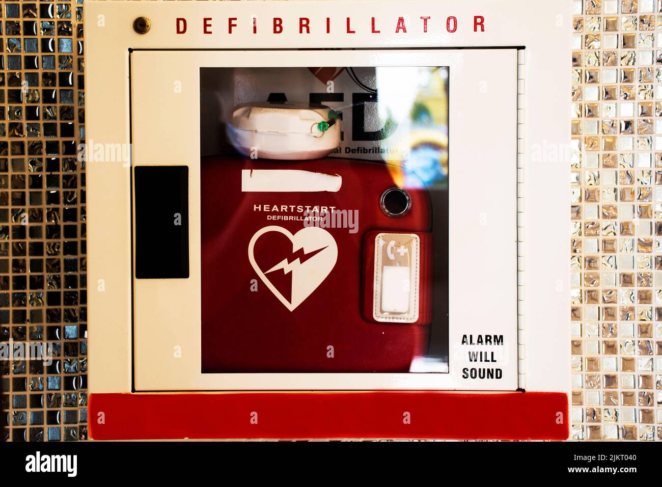Emergency Automated External Defibrillator or AED at equipment station ...