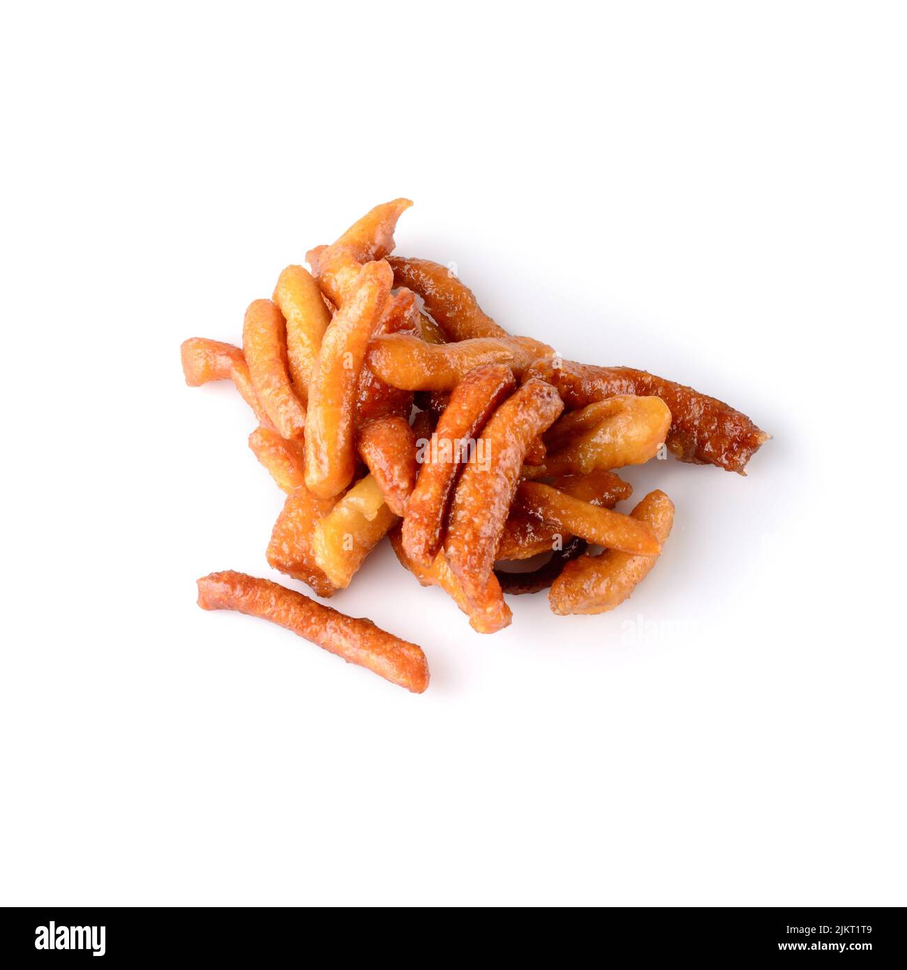 savory and crunchy snack coated with sugar syrup on white background ...