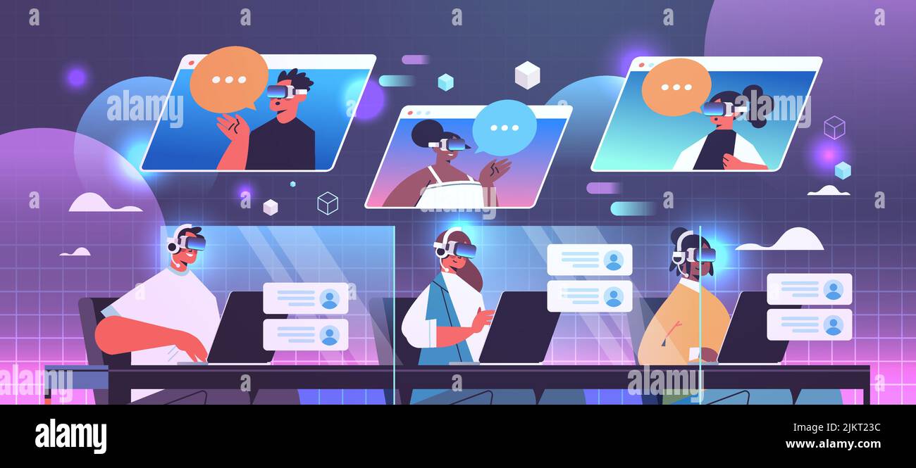 mix race businesspeople wearing digital glasses discussing during ...