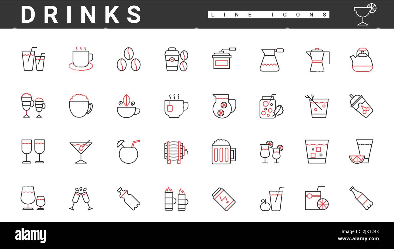 Drink menu for restaurant, thin red and black line icons set vector ...