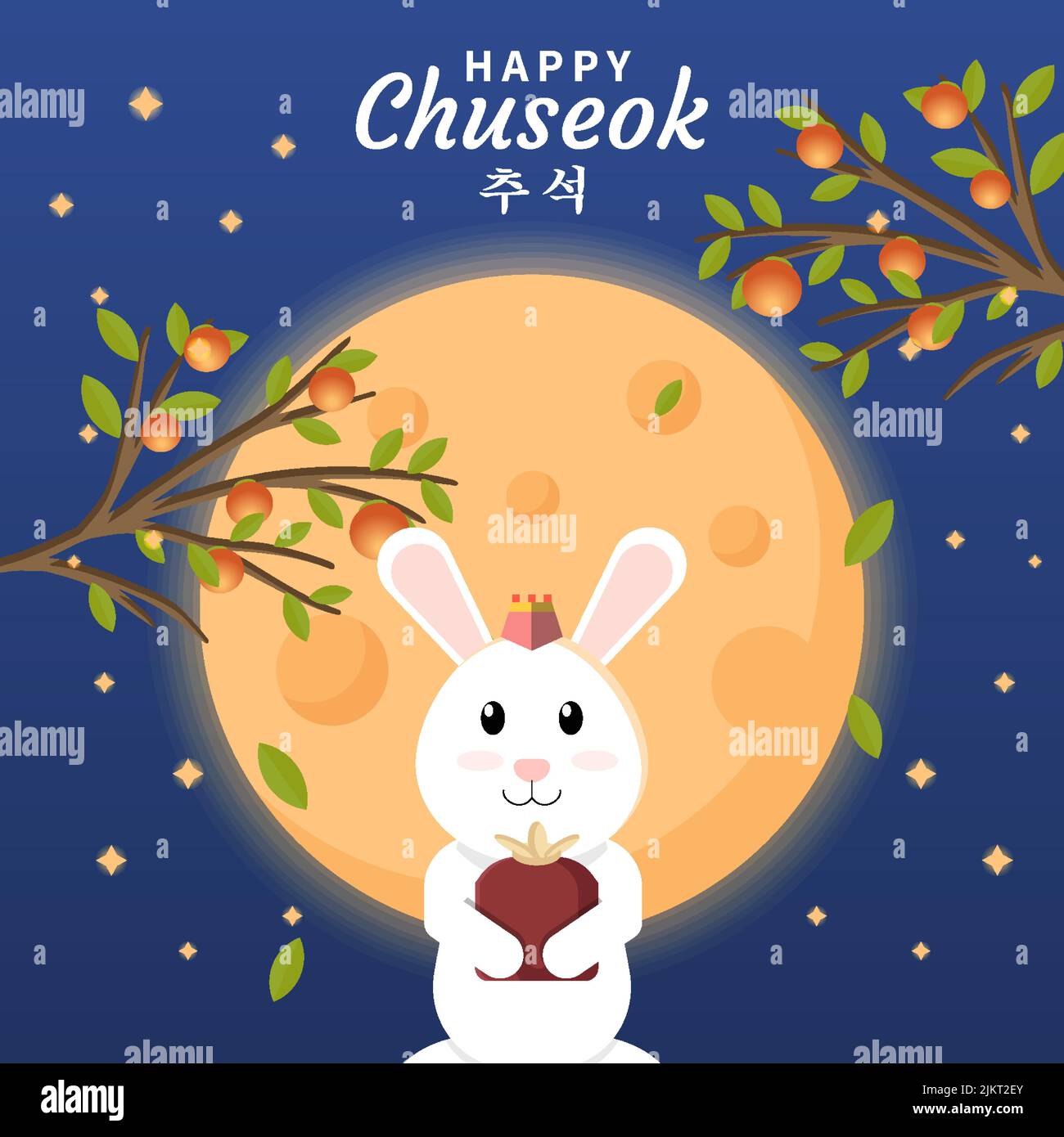 happy chuseok illustration with a cute rabbit holding parcel on full ...
