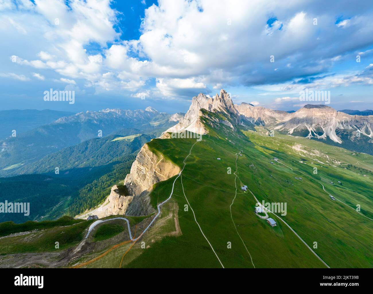 View from above, stunning aerial view of the mountain range of Seceda ...