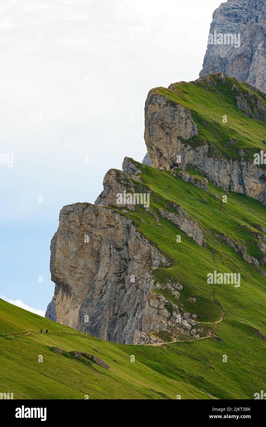 View from above, stunning view of the mountain range of Seceda during a ...