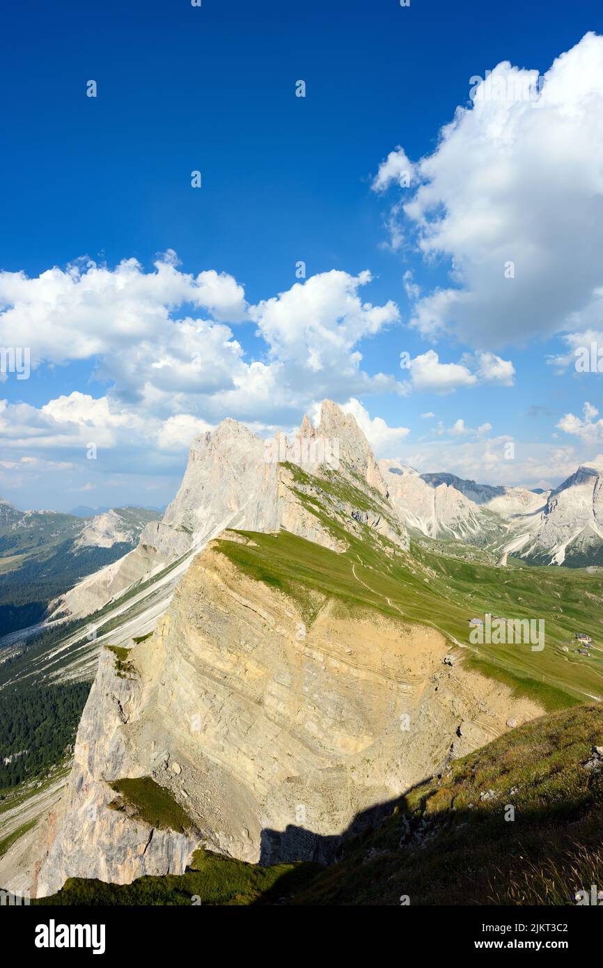 View from above, stunning view of the mountain range of Seceda during a ...