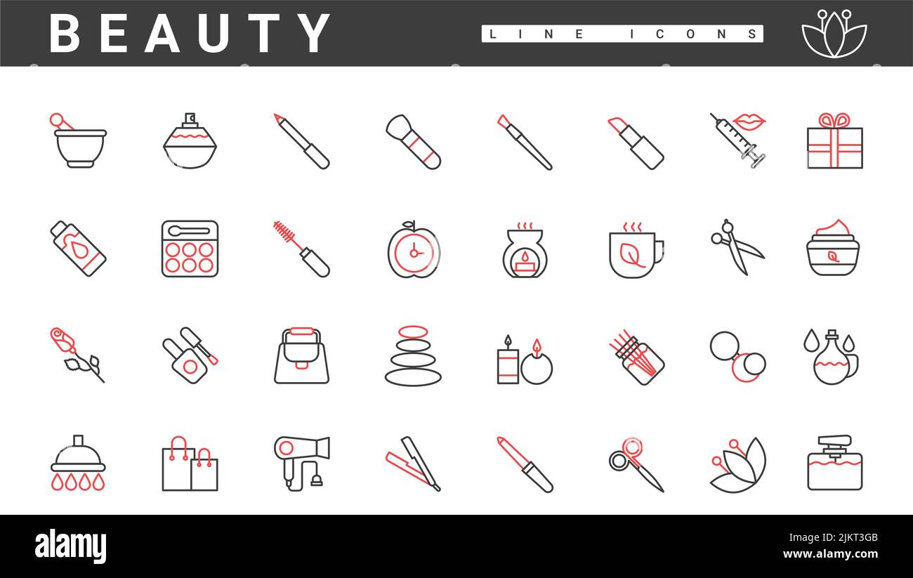 Beauty procedures, makeup and cosmetics, thin red and black line icons ...