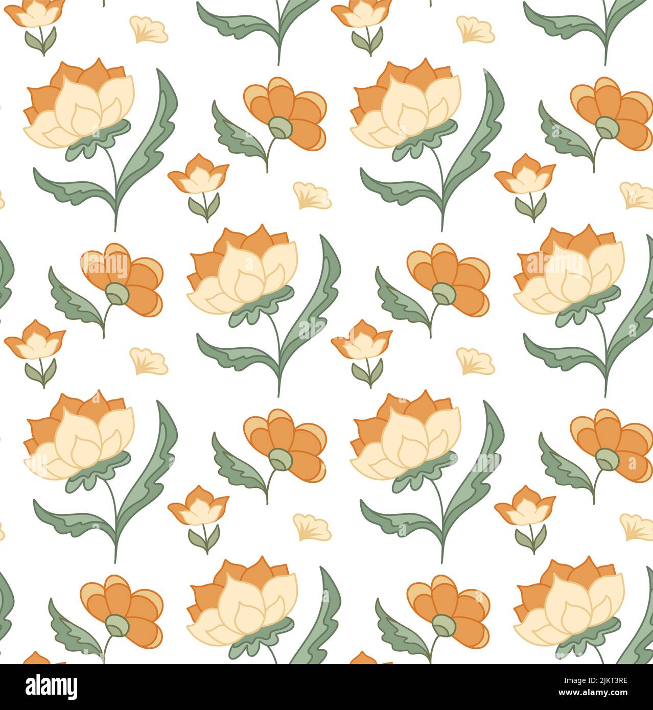 Vector seamless gentle pattern with groovy flowers and stems on white ...