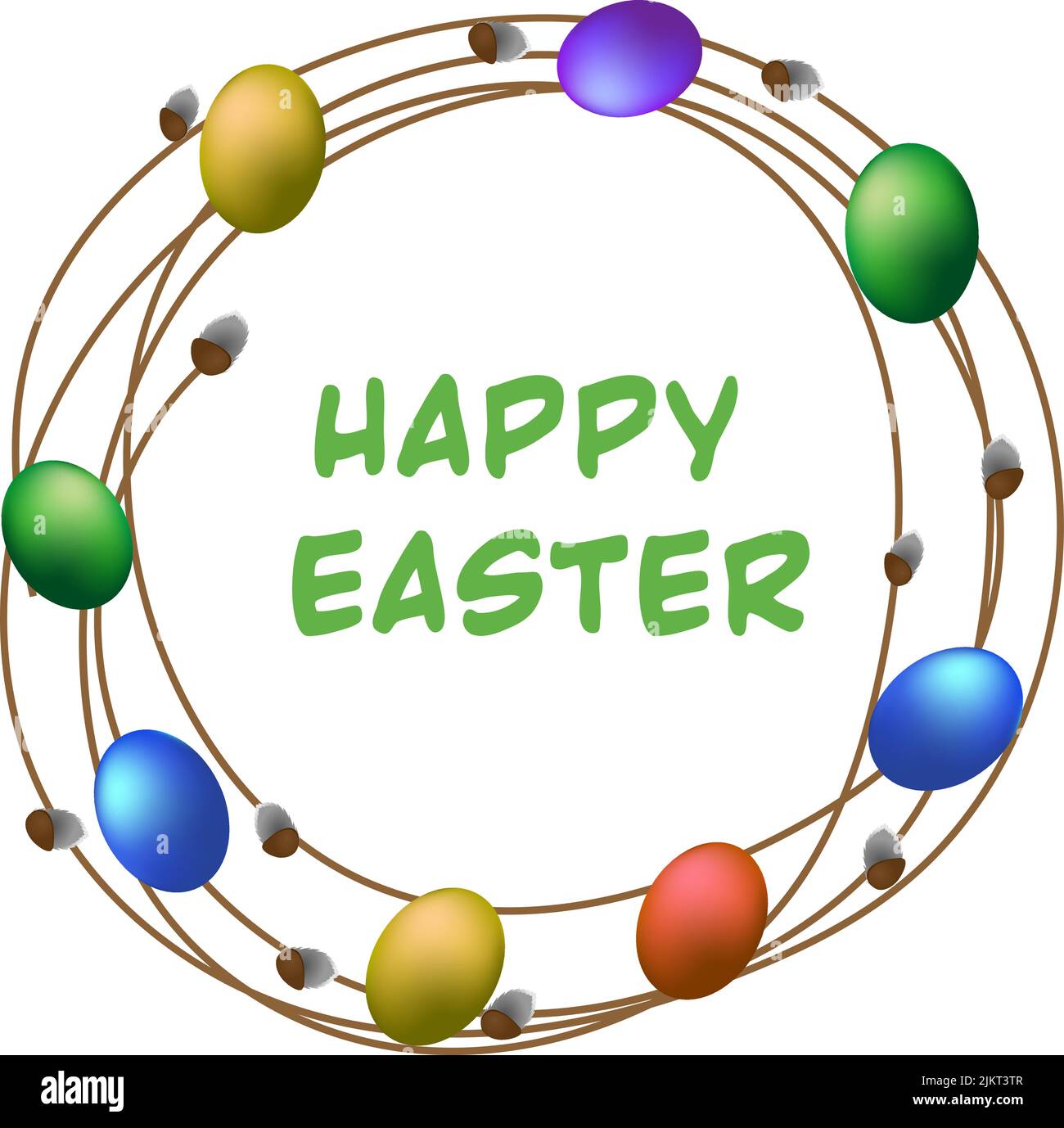 Simple cartoon Easter wreath with colorful eggs and narcissus Isolated ...