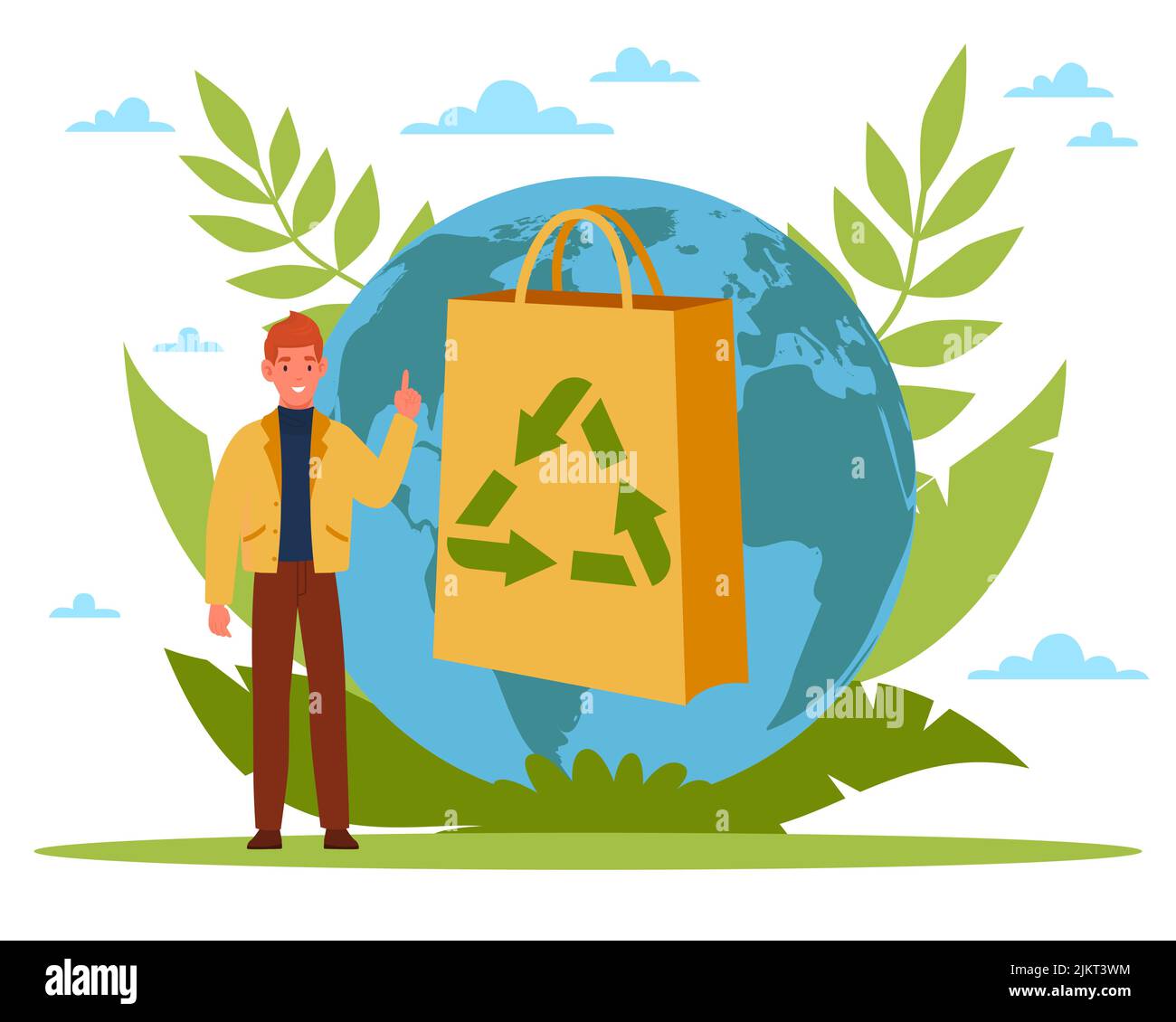 Biodegradable bag. Ecology of zero waste, tiny man with huge paper ...