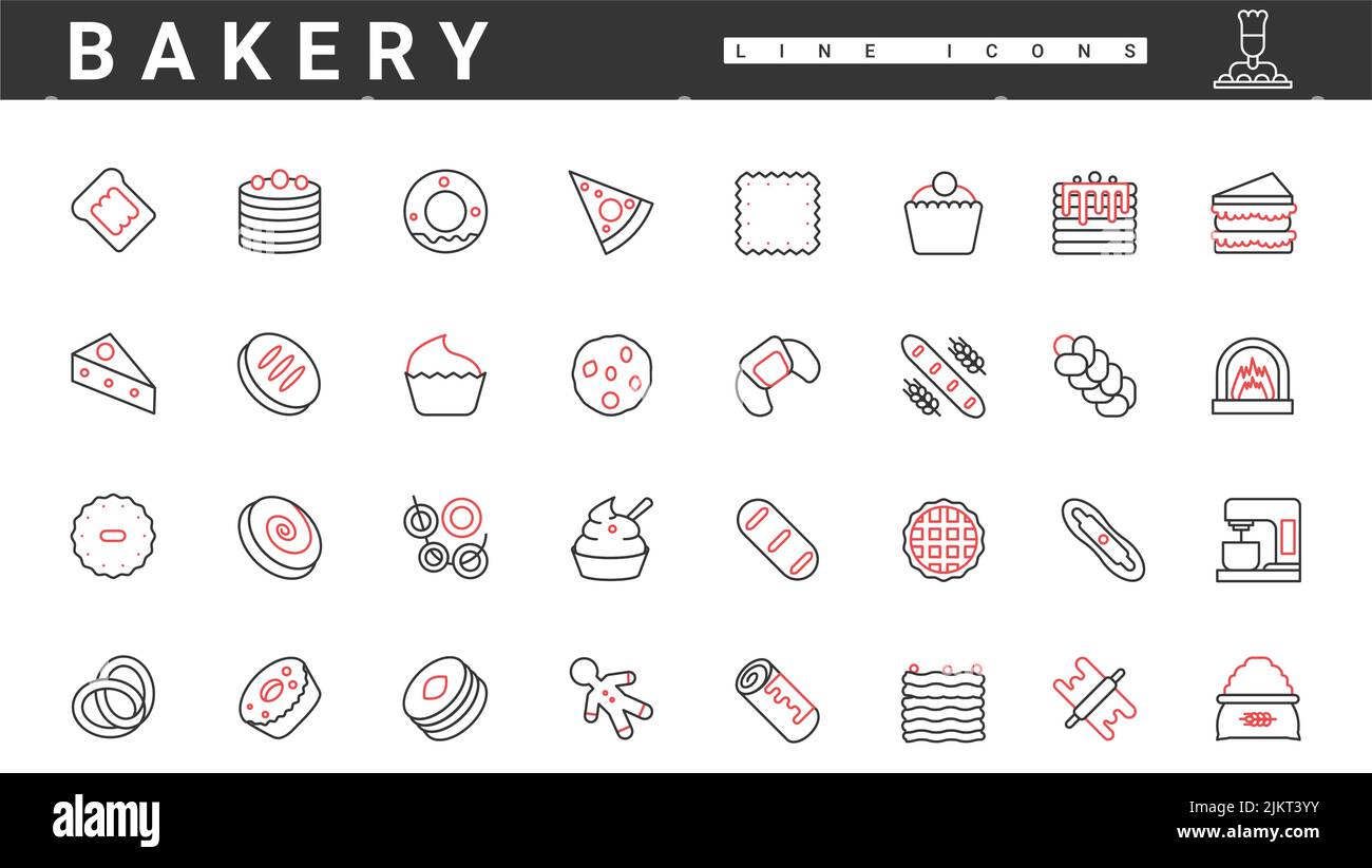 Bakery thin red and black line icons set vector illustration. Abstract ...