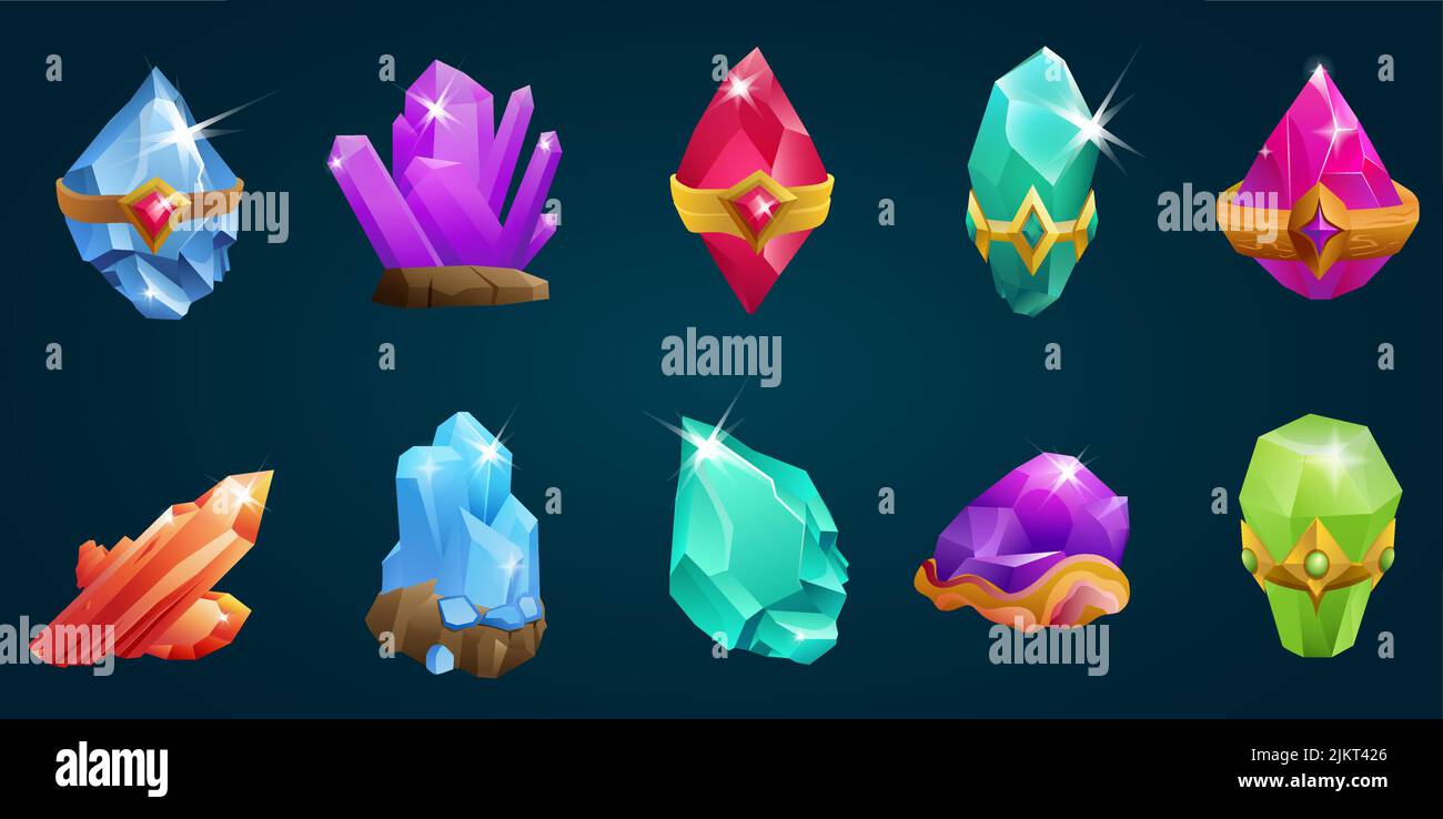 Crystal gem stones set vector illustration. Magic precious colorful ...