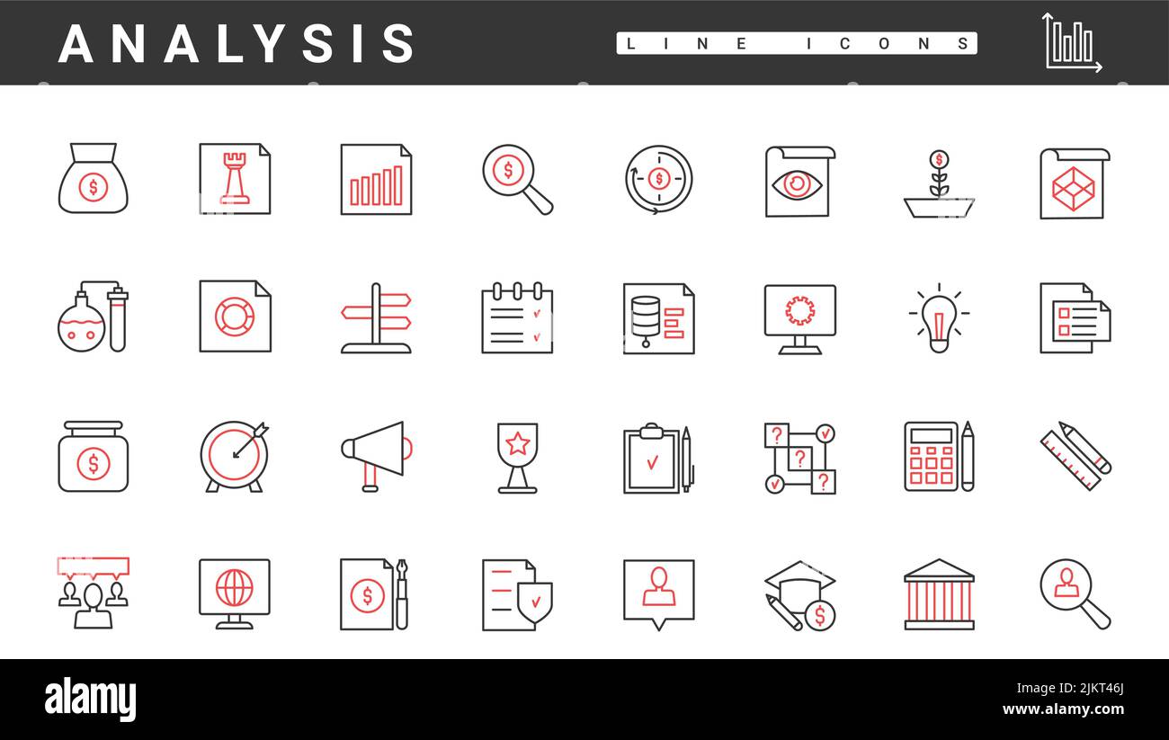 Technology for business data analysis, thin red and black line icons ...