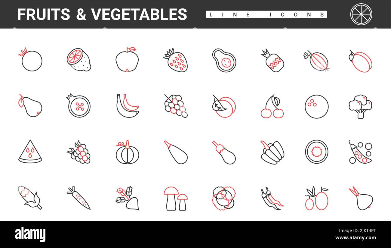 Fruit and vegetables, organic vegetarian food thin red and black line ...