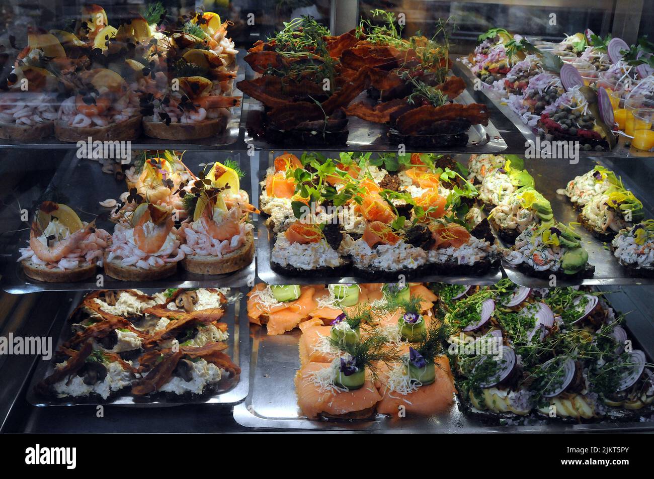 Copenhagen /Denmark/03 August 2022/ Danish open sandiwch display for ...