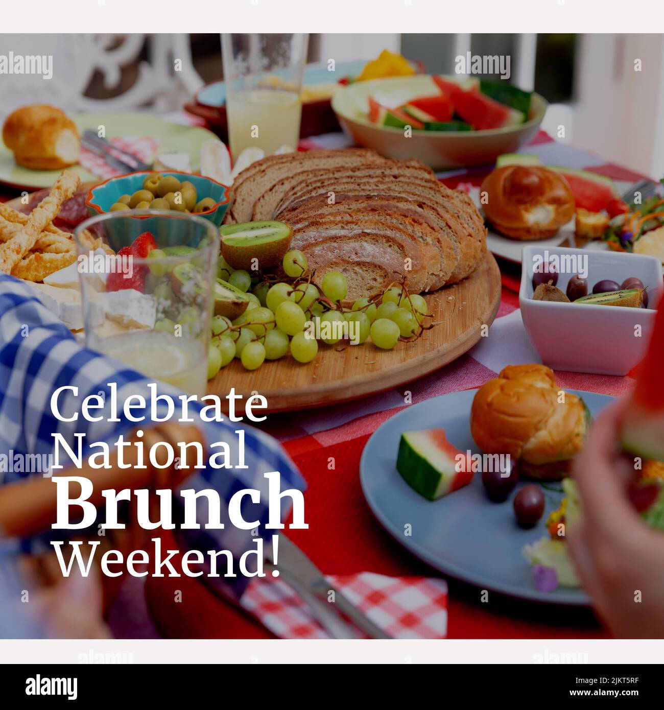 Composition of national brunch weekend text over table with food and ...