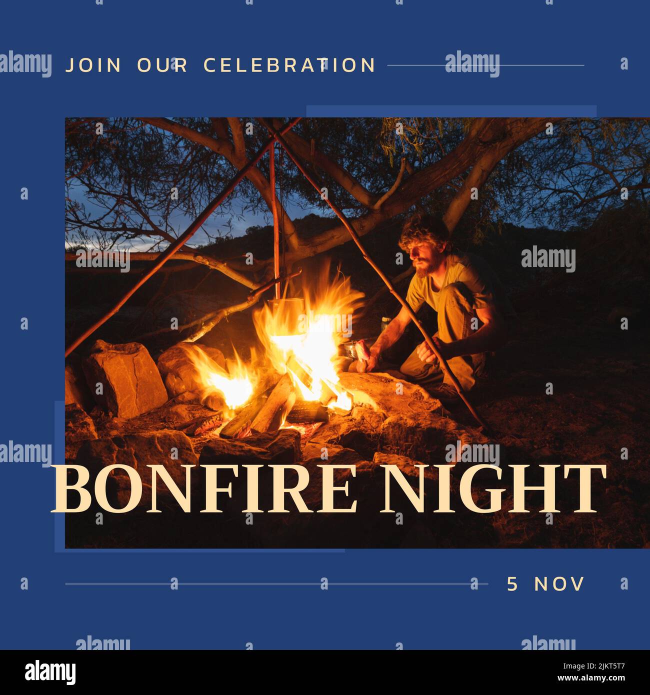 Composition of bonfire night text over caucasian man and bonfire Stock ...