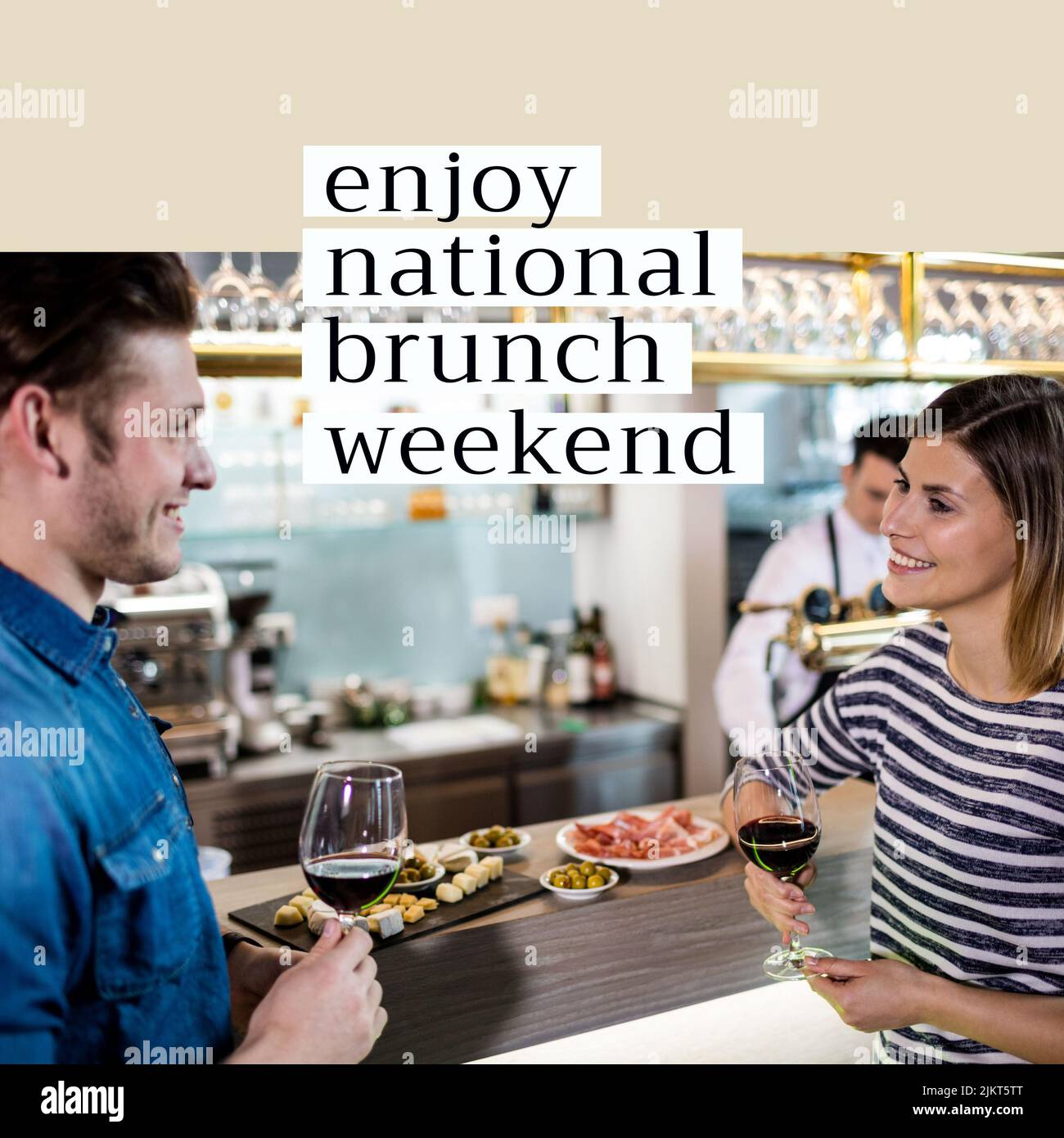 Composition of national brunch weekend text over caucasian couple with ...