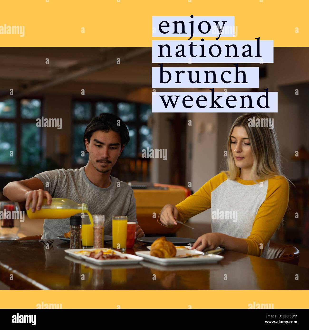 Composition of national brunch weekend text over diverse couple having ...