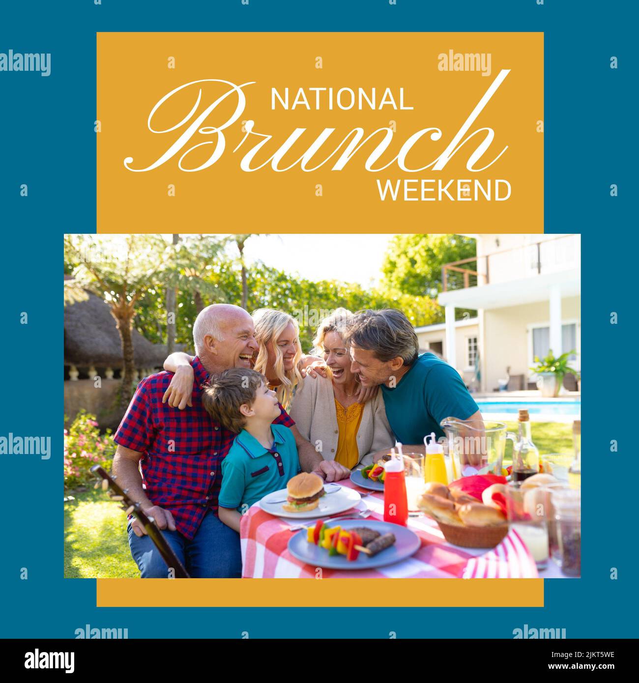 Composition of national brunch weekend text over caucasian family ...