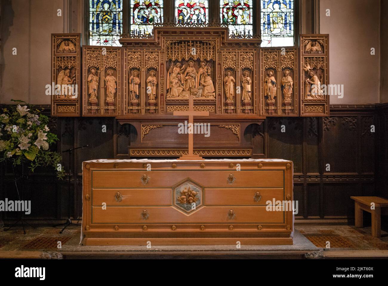 The altar and intricate carved wooden altar screen at St Mary's Church ...