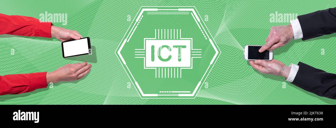 Top view of hands using mobile phone with symbol of ict concept Stock ...