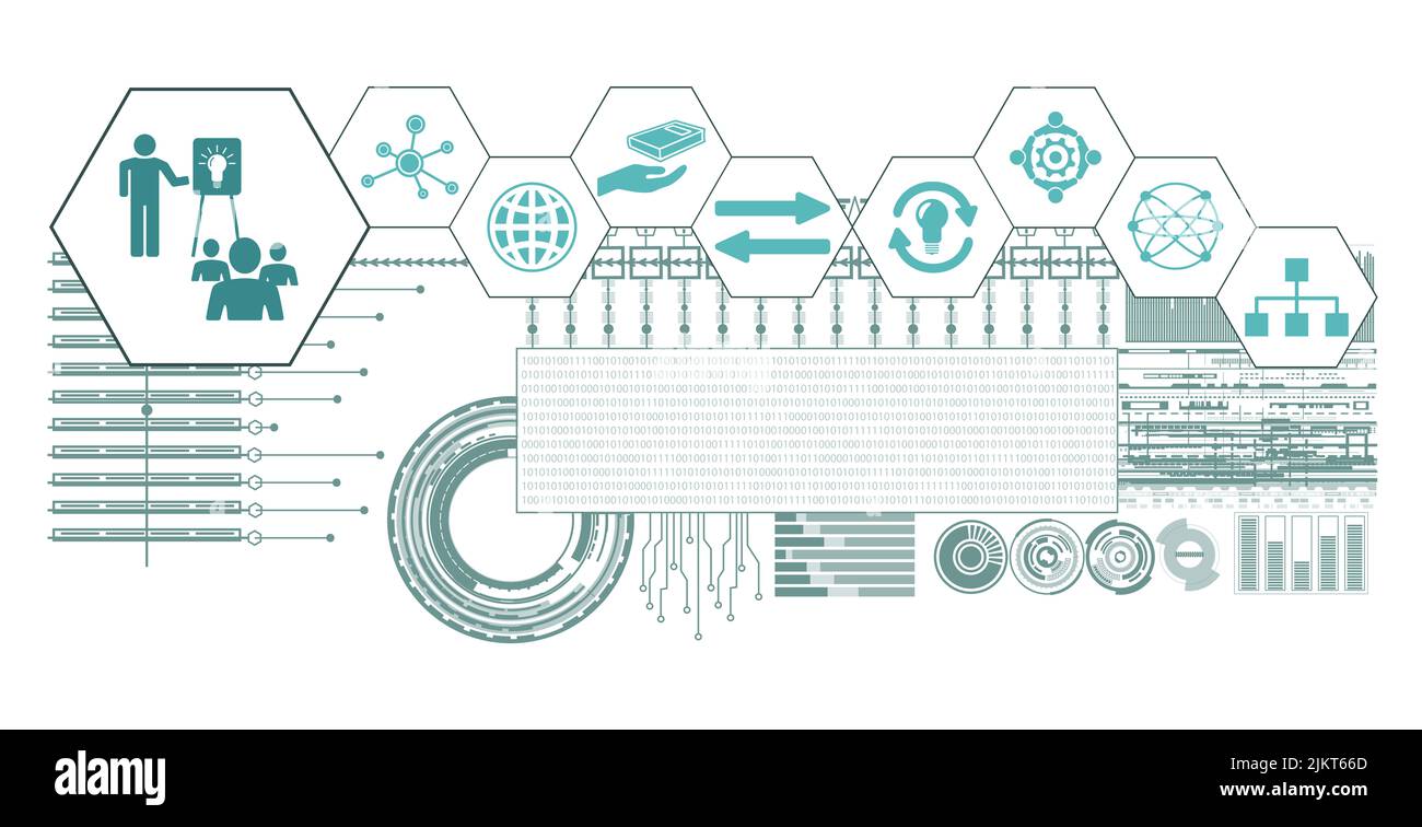 Concept of knowledge sharing with connected icons Stock Photo - Alamy