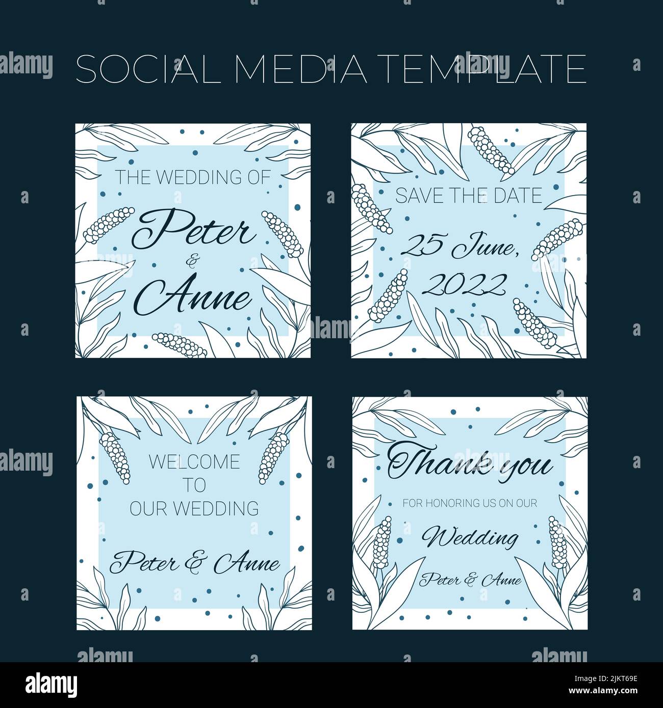 Floral wedding square social media template in hand drawn doodle style ...