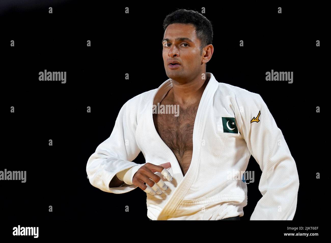 Pakistan’s Shah Hussain Shah looks on during the Men’s 90kg Contest for ...