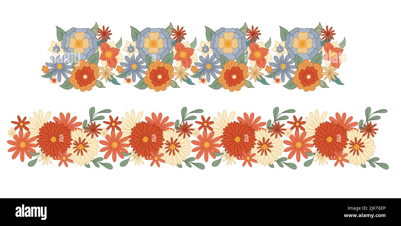 Vector set of seamless retro border with groovy flowers isolated from ...