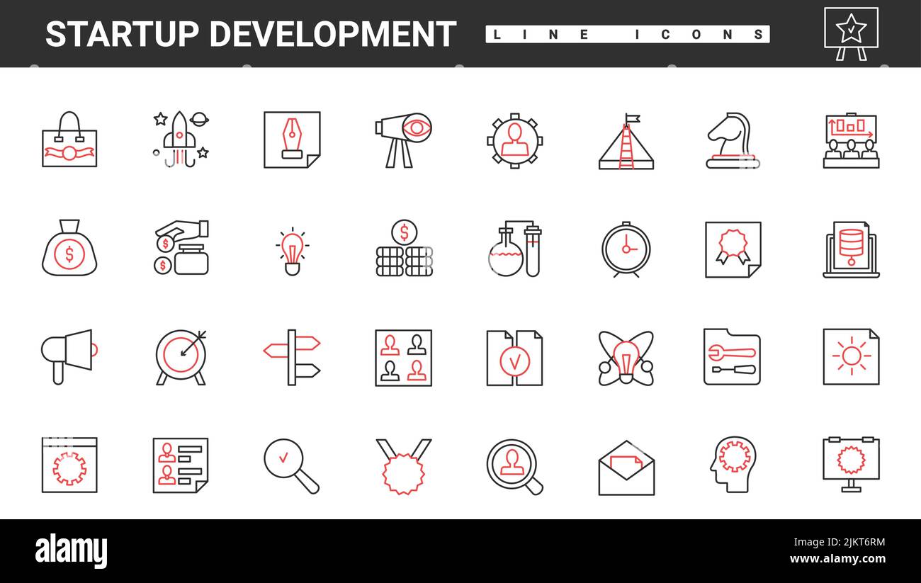 Business startup development thin red and black line icons set vector illustration. Abstract ...