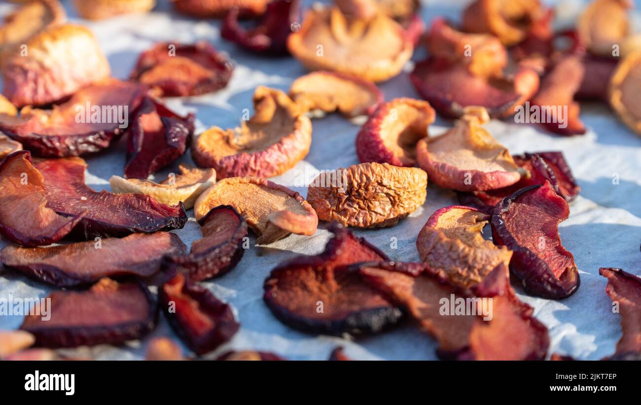Sun dried apple slices. Raw organic dried apple fruit slices high angle ...