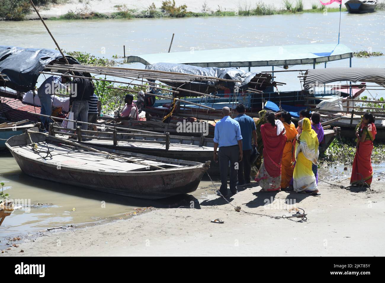 Daily life in the Ganges at Sarsaiya Ghat in monsoon. Kanpur, Uttar ...
