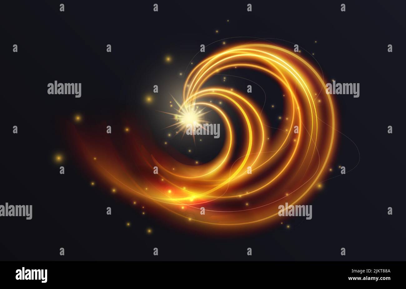 Golden luminous swirl shape, abstract light effect vector illustration. Luxury sparkling neon ...