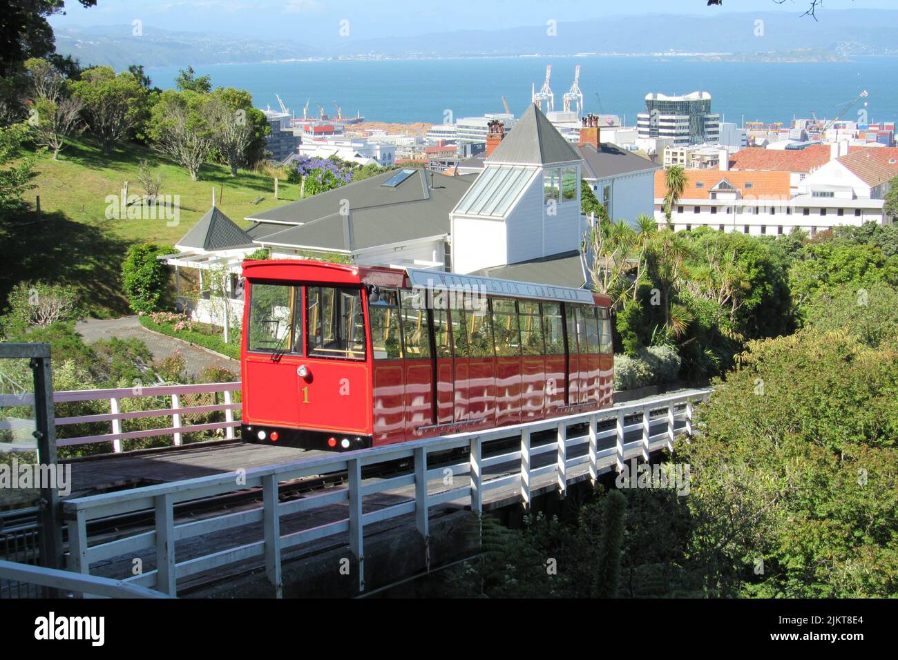 A red train on bridge in Wellington, New Zealand Stock Photo - Alamy