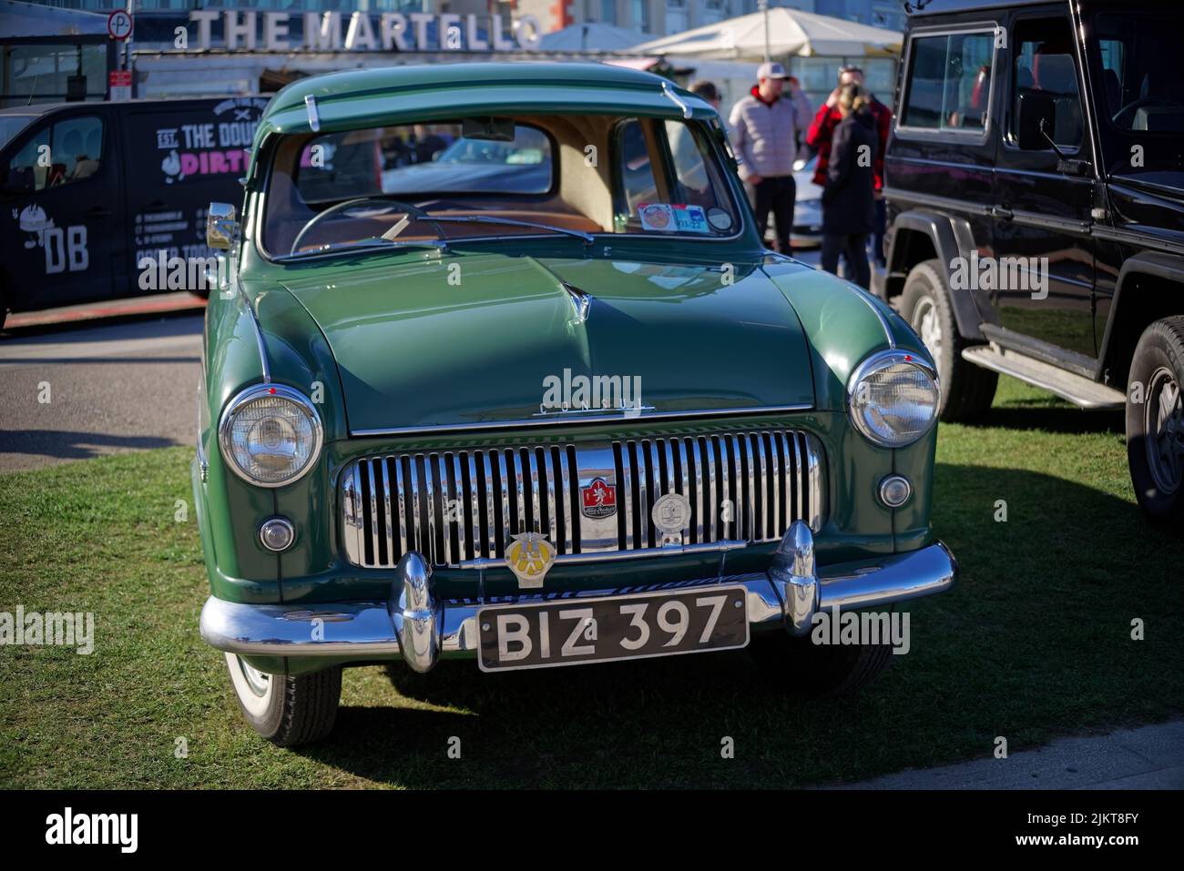 Front view of green classic Ford Consul from 1950s at the Bray Vintage ...