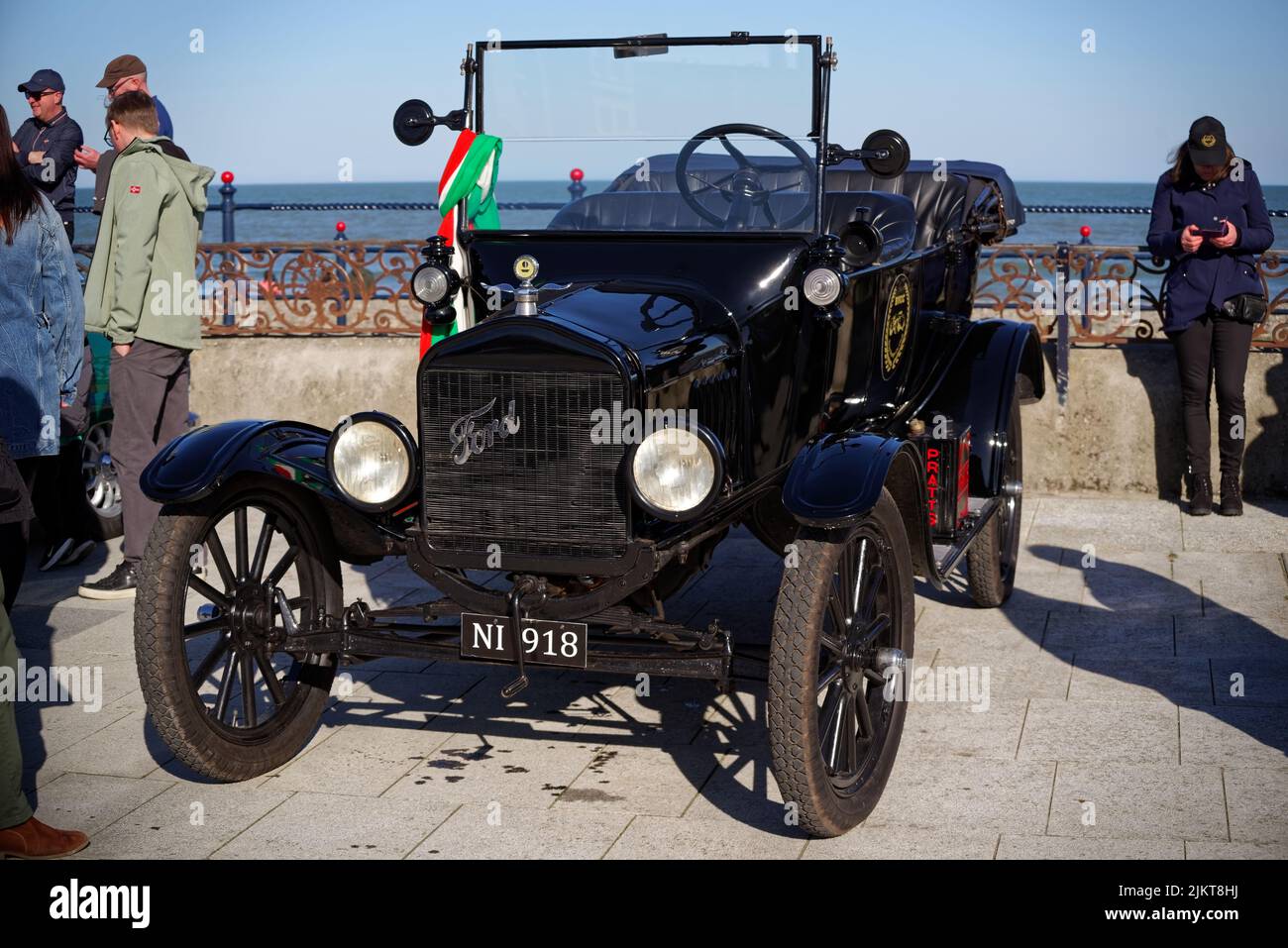 Front view of black 1918 Ford Model T parked on the seafront during the ...