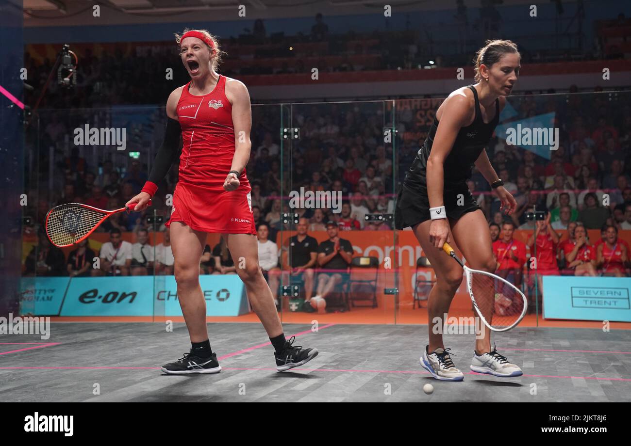 England's Sarah-Jane Perry (left) celebrates winning a point on her way ...