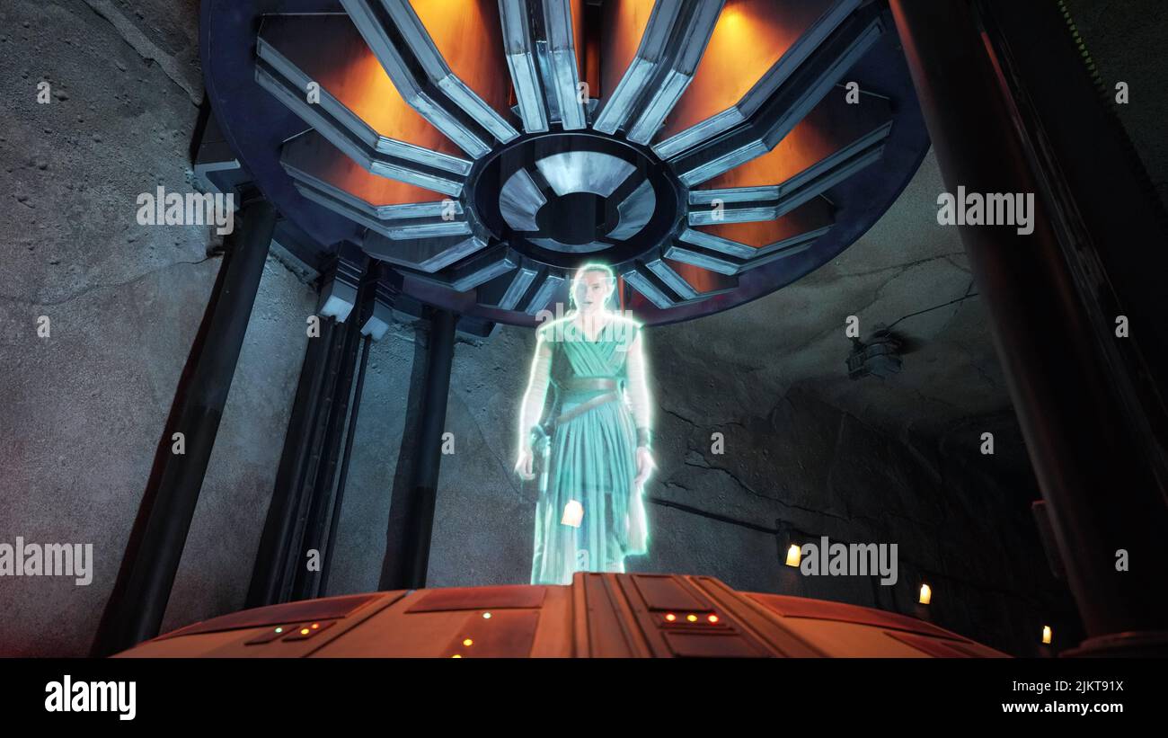 A hologram of the Actress Daisy Ridley "Rey" on the attraction "Rise of ...