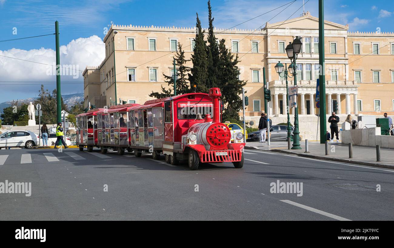 Tourist sightseeing Happy train in central Athens, Greece, in front of ...