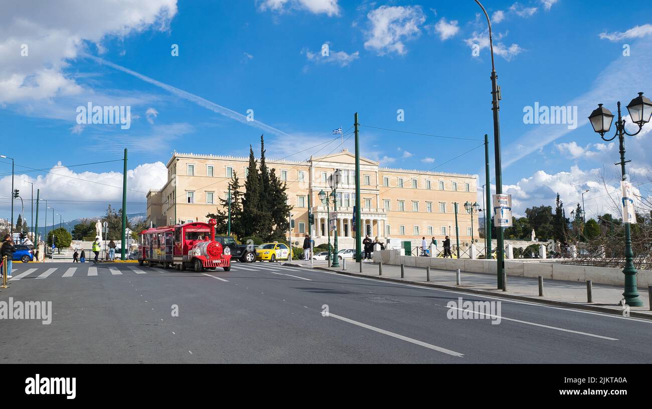 Tourist sightseeing Happy train in central Athens, Greece, in front of ...