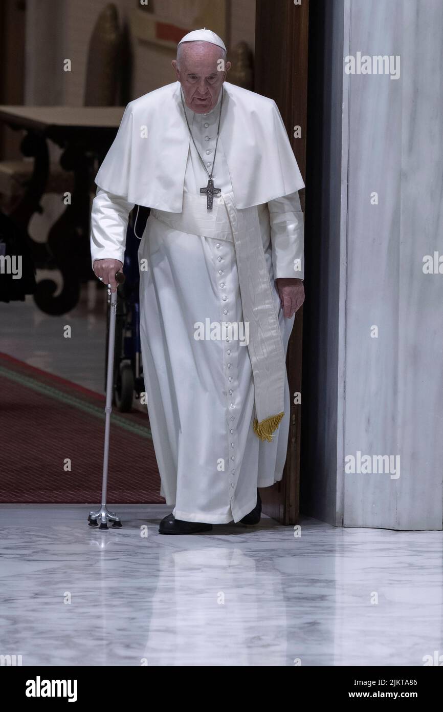 Vatican City, Vatican, 3 August 2022. Pope Francis arrives walking with ...