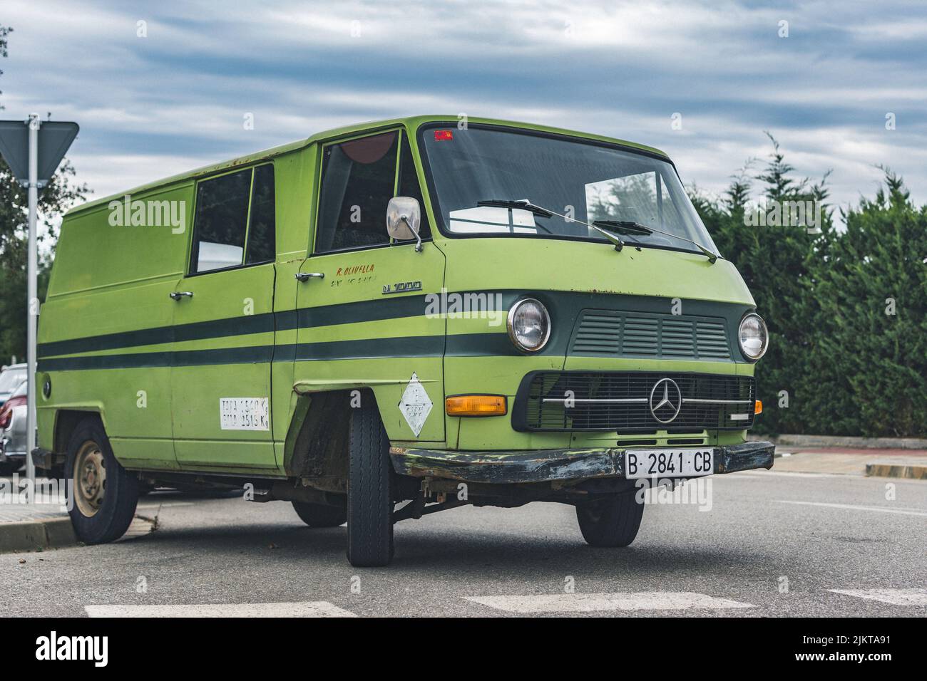 Old green van parked in the street. Mercedes Benz N1000 model Stock ...