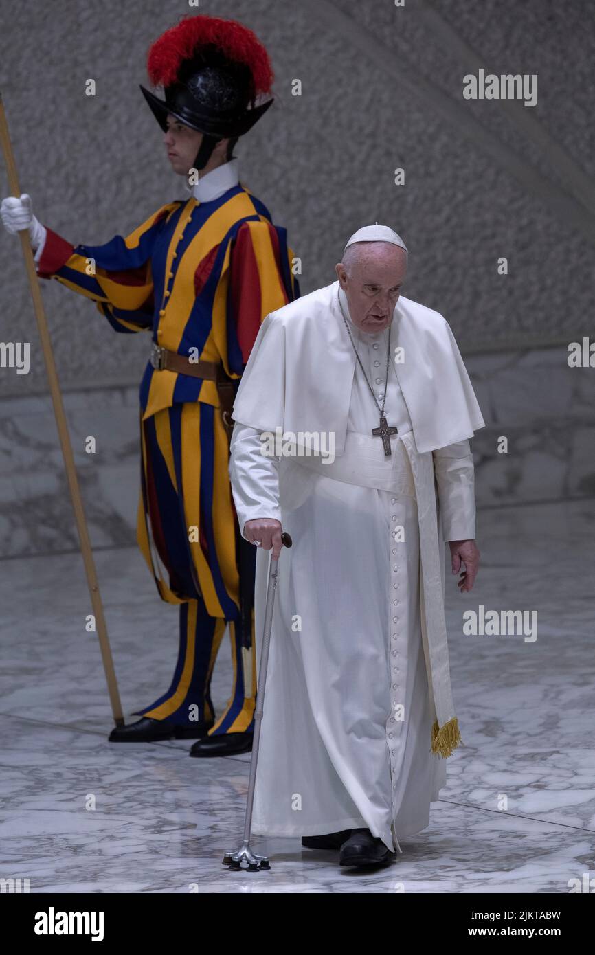 Vatican City, Vatican, 3 August 2022. Pope Francis arrives walking with ...