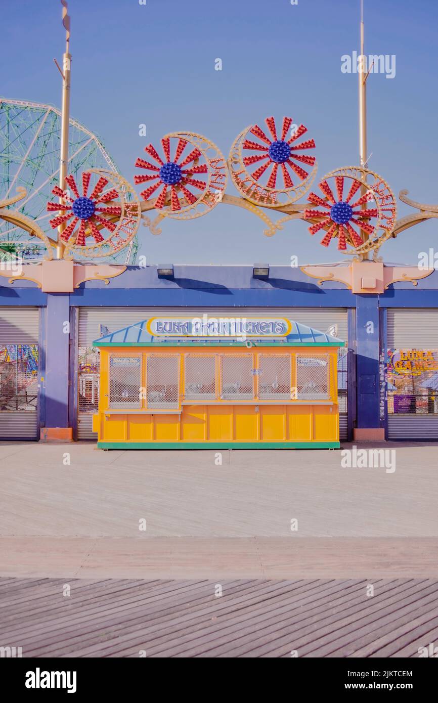 A vertical shot of an amusement park entrance in Coney Island, New York ...
