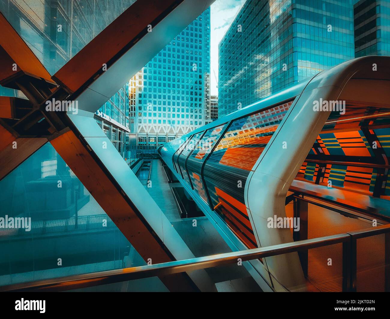 A modern closed pedestrian crossing in London with the view of tall ...