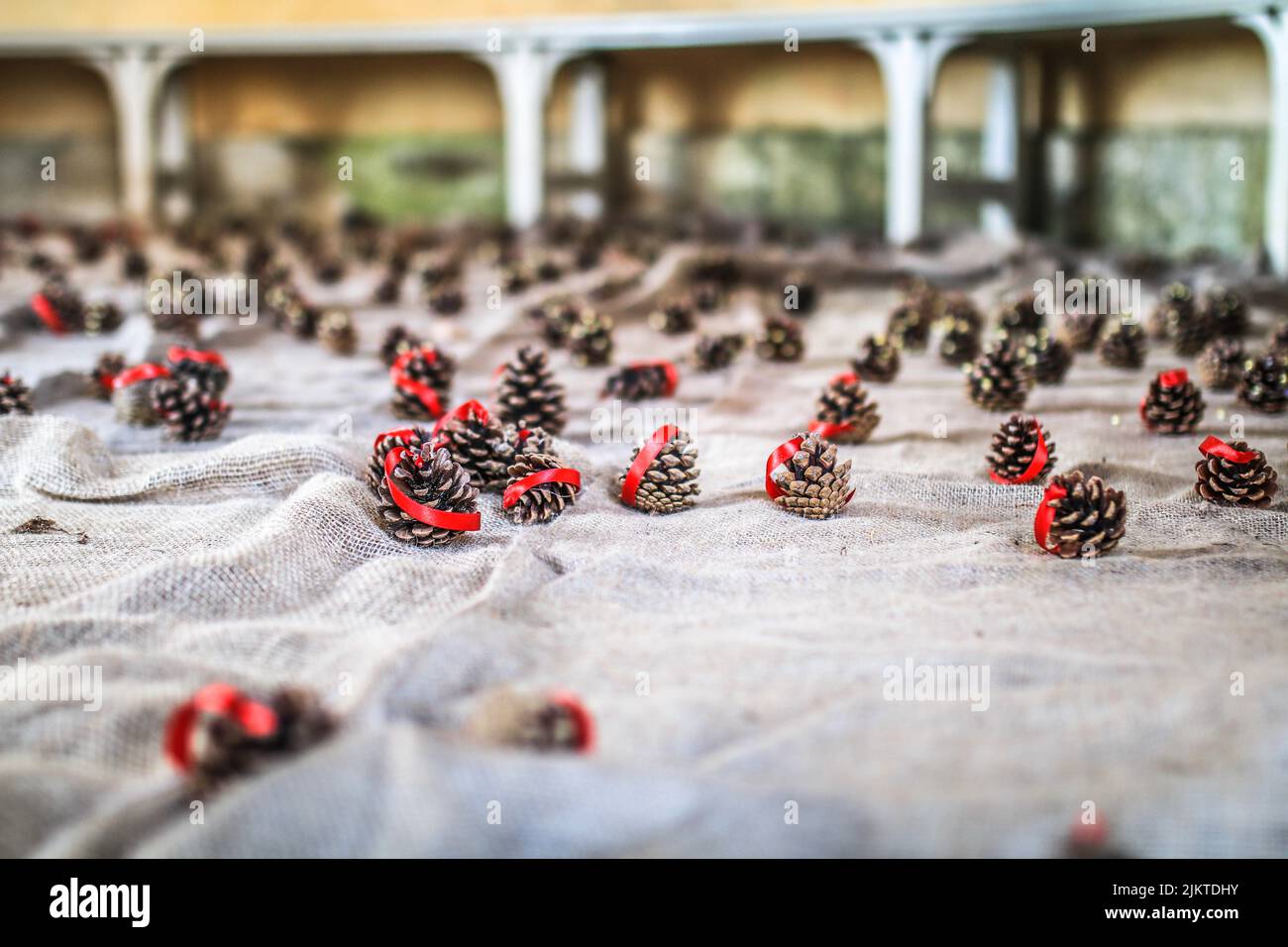 The cones with red ribbons Stock Photo - Alamy