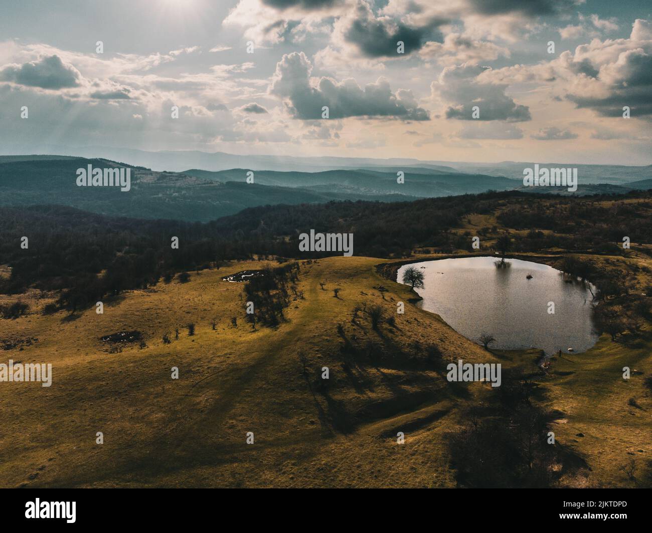 An aerial shot of greenery field near the little lake in background of ...